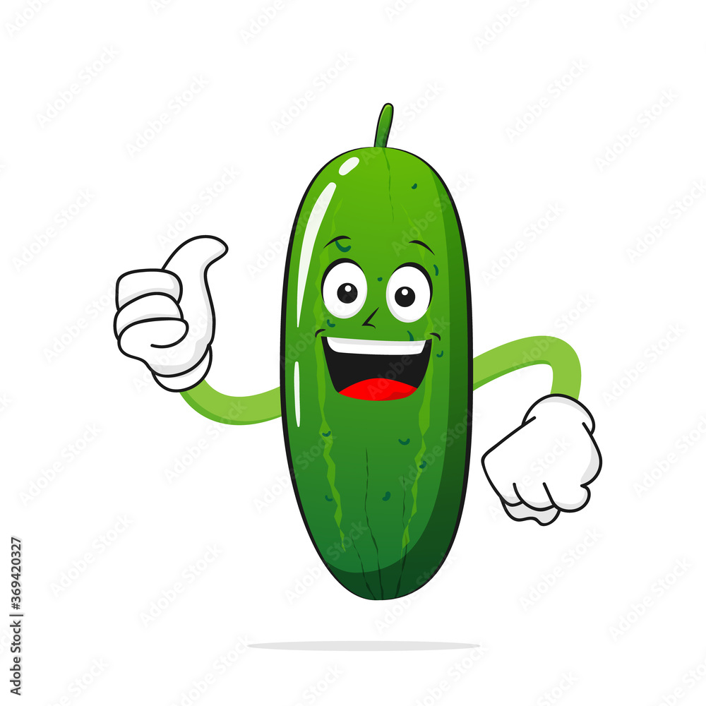 The cucumber character smiles raising a thumb on a white background ...