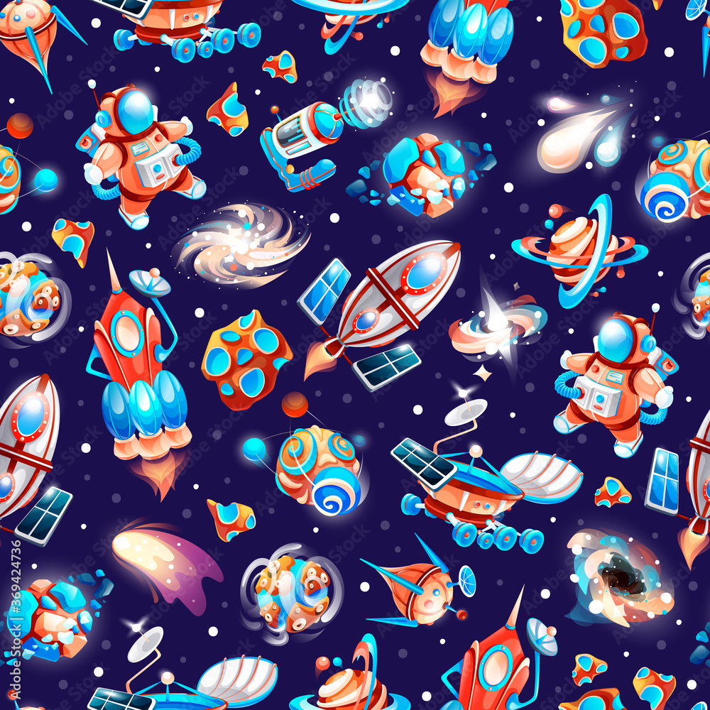 Seamless pattern with space theme. Cartoon space icons at cosmos ...
