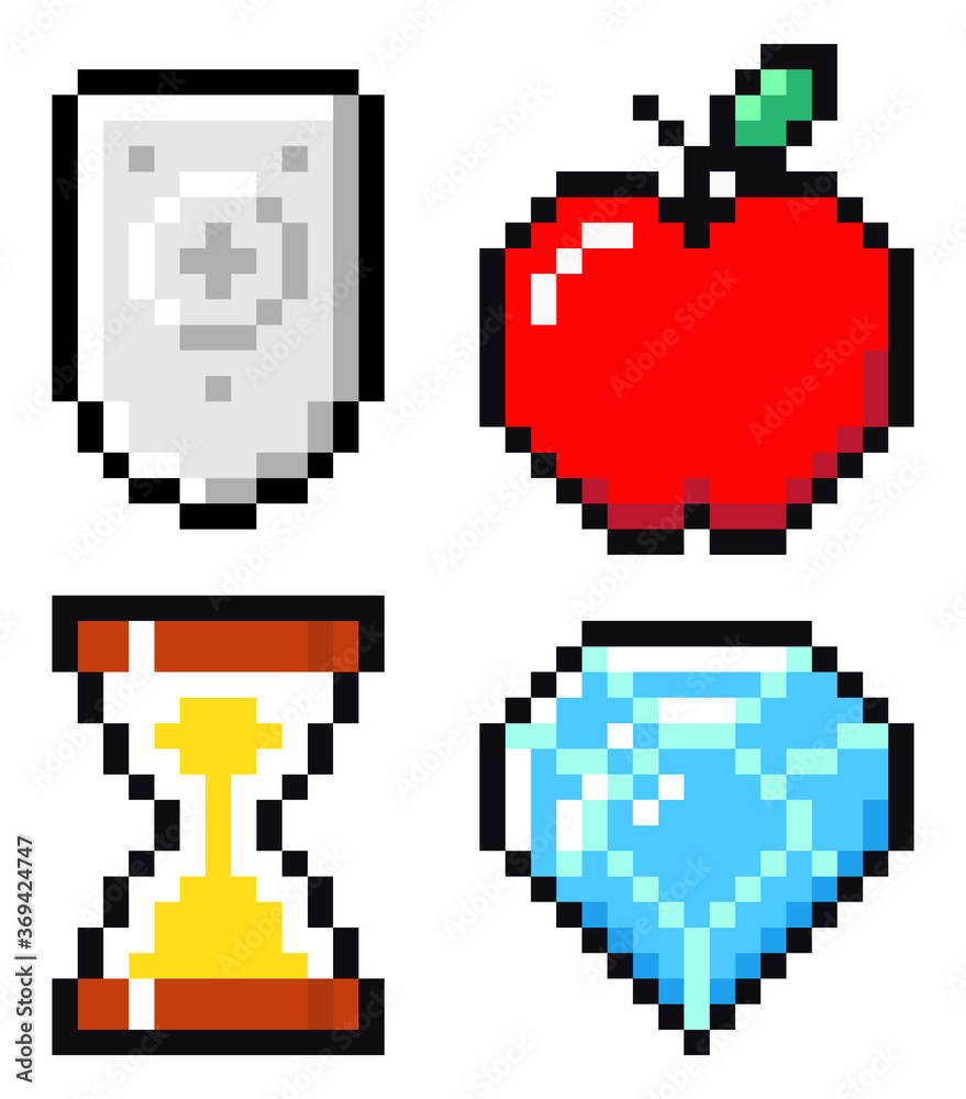 Set of shield, red apple, hourglass, diamond. Pixelated vector elements ...