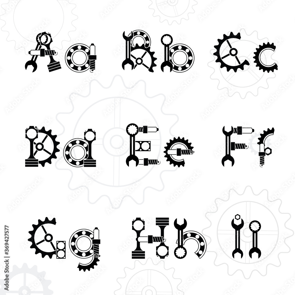 Mechanical vector black font. Vintage alphabet. Stock Vector | Adobe Stock