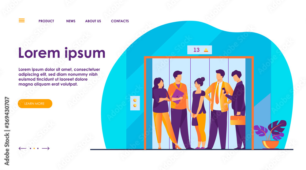 Employees using office building lift. Business people standing inside ...