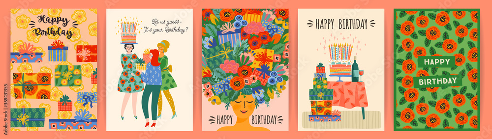 Happy Birthday. Vector set of cute illustrations. Design templates ...