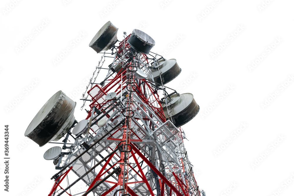 Look up to view the telecommunication pole isolated on white background ...