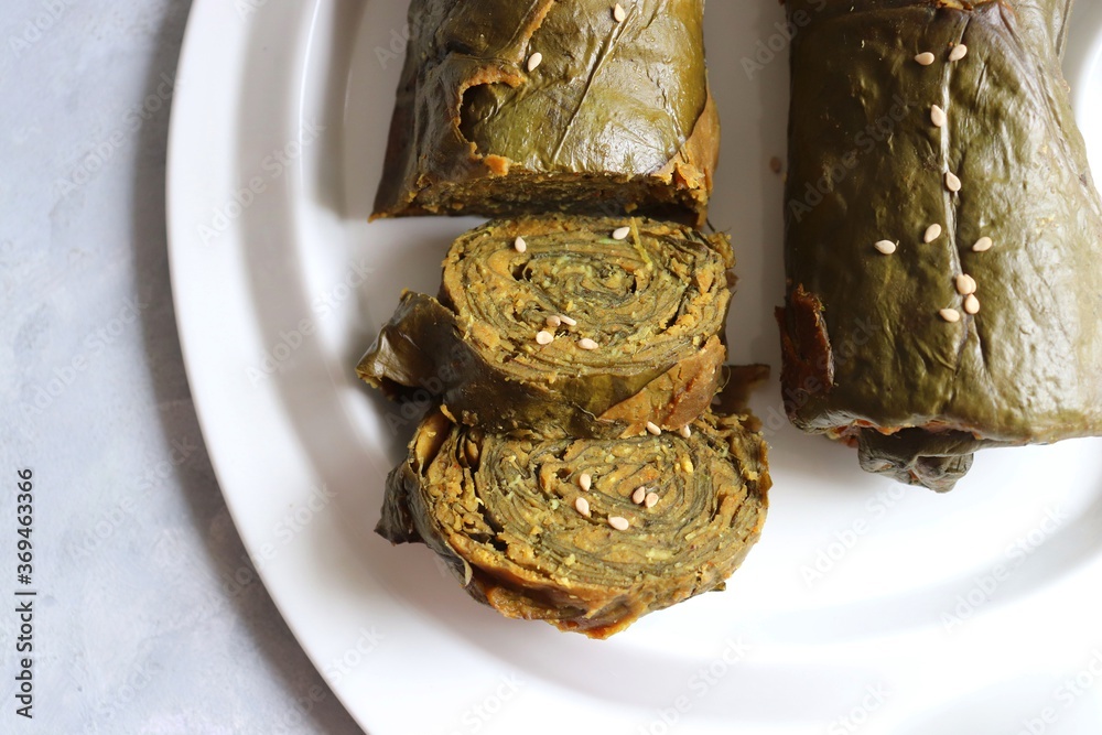 Alu Vadi or Patra or colocasia leaves roll. is a popular Indian steamed ...