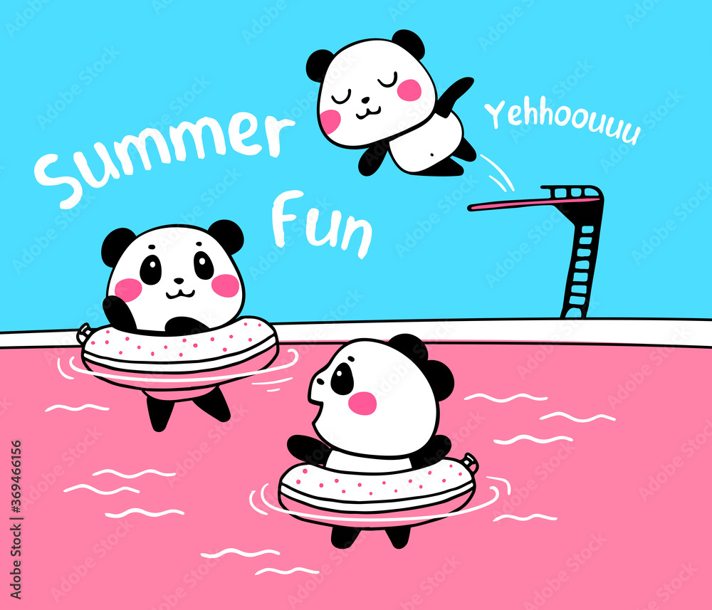 Vector illustration of lovely cartoon pandas swim in the pool with a ...