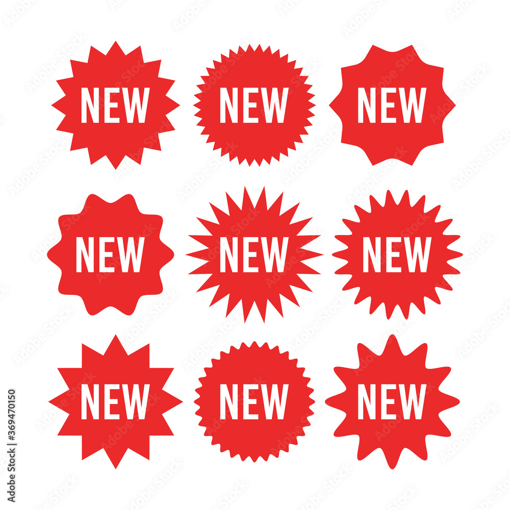 Red starburst sticker with new sign set - circle sun and star burst ...