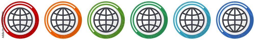 World, globe icon set, flat design vector illustration in 6 colors ...