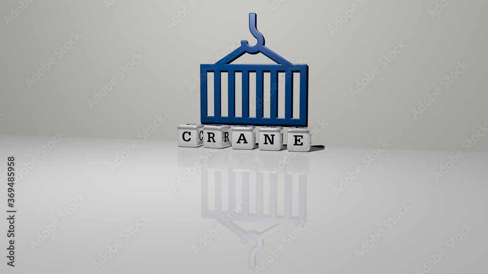 3D illustration of crane graphics and text made by metallic dice ...