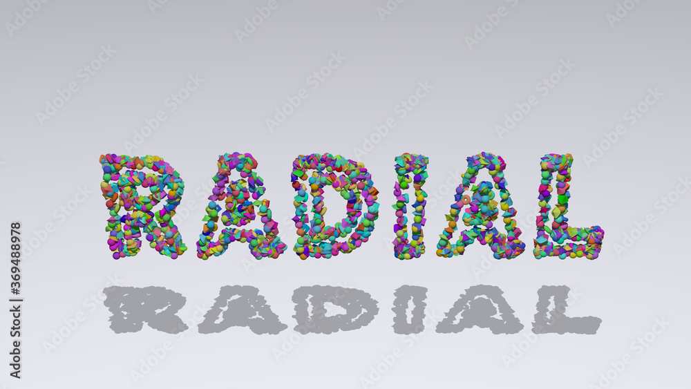 RADIAL: 3D illustration of the text made of small objects over a white ...