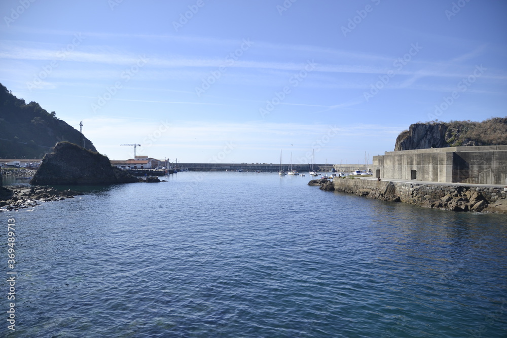River water path. Navia beach, in Asturias next to the Cantabrian Sea ...