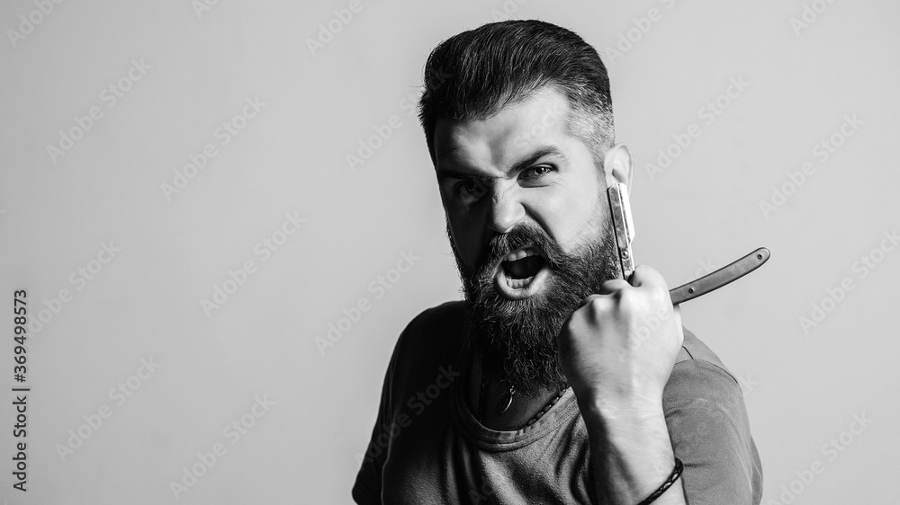 Barbershop advertising. Brutal man with vintage straight razor. Stock ...