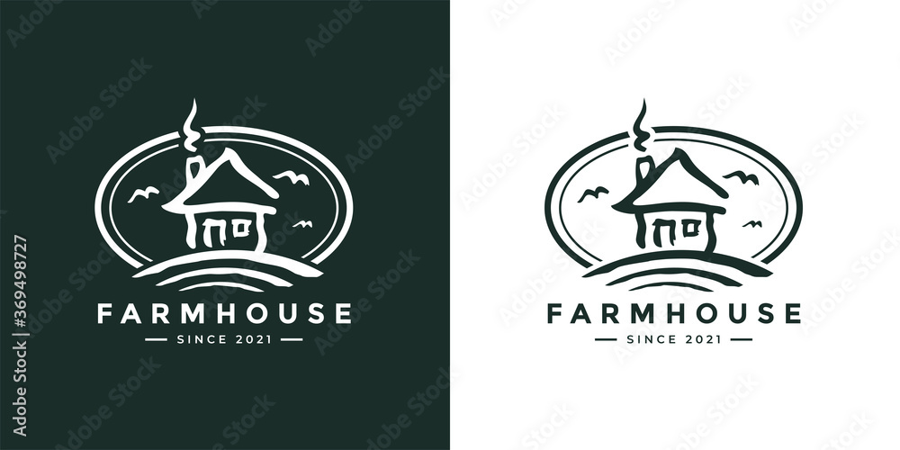 Farmhouse logo icon. Farmland cabin on hill badge. Little countryside ...