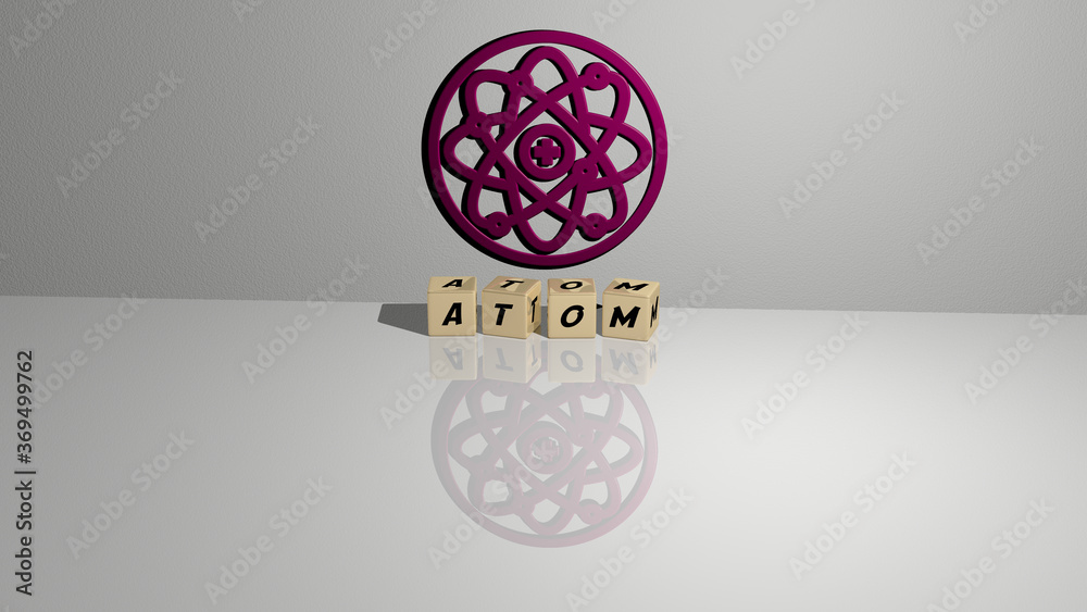 3D illustration of ATOM graphics and text made by metallic dice letters ...