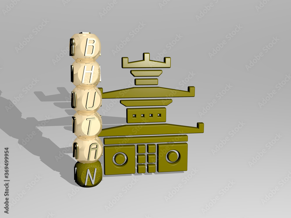 3D representation of bhutan with icon on the wall and text arranged by ...