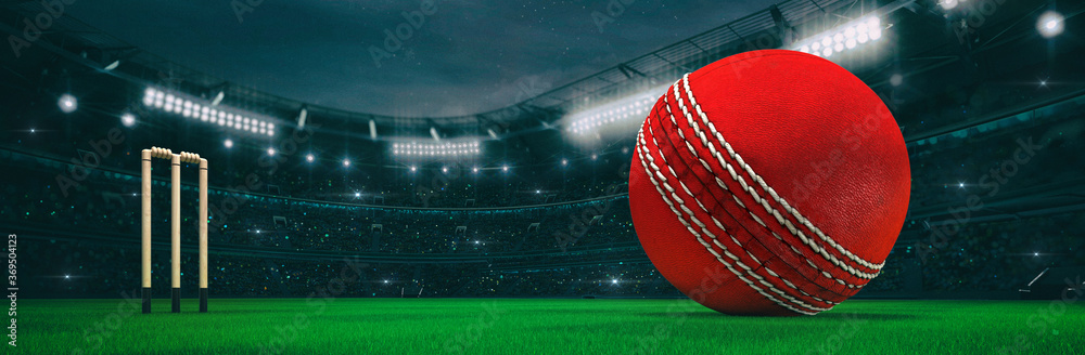 Sport stadium with cricket ball at night as wide backdrop. Digital 3D ...