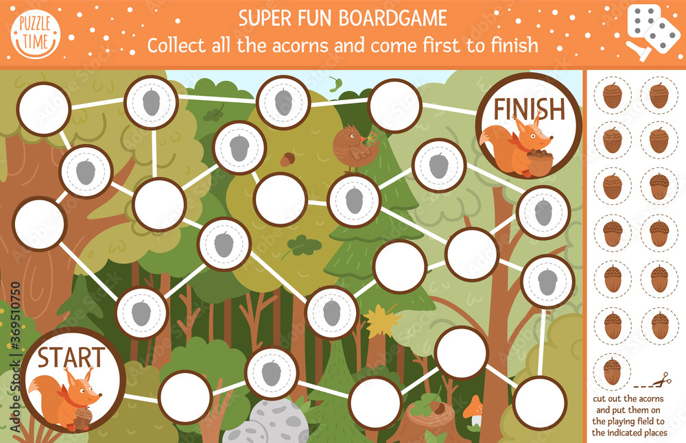 Autumn board game and cut and glue for children with cute woodland ...