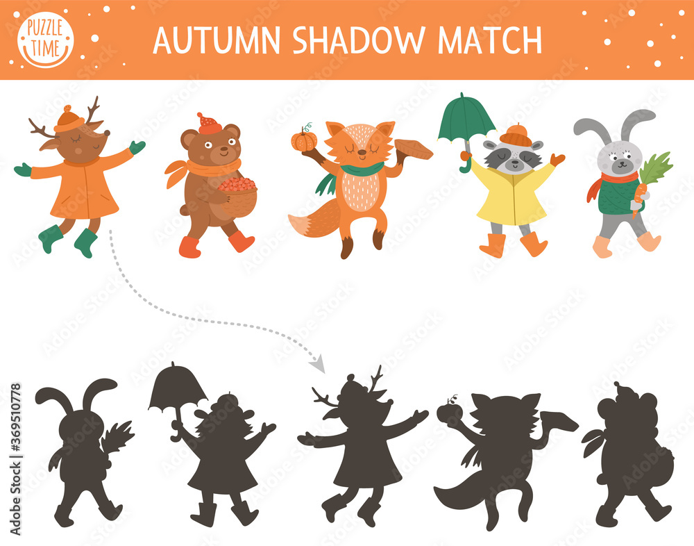 Autumn shadow matching activity for children. Fall season puzzle with ...