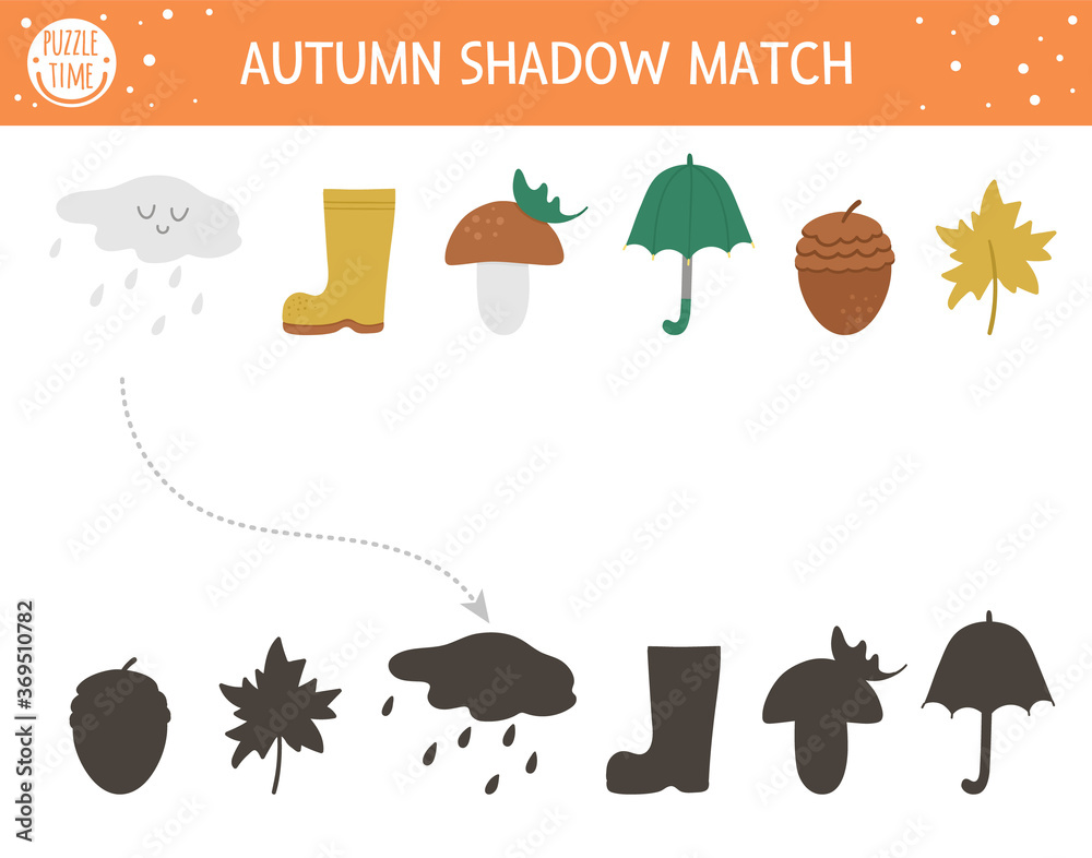 Autumn shadow matching activity for children. Fall season puzzle with ...