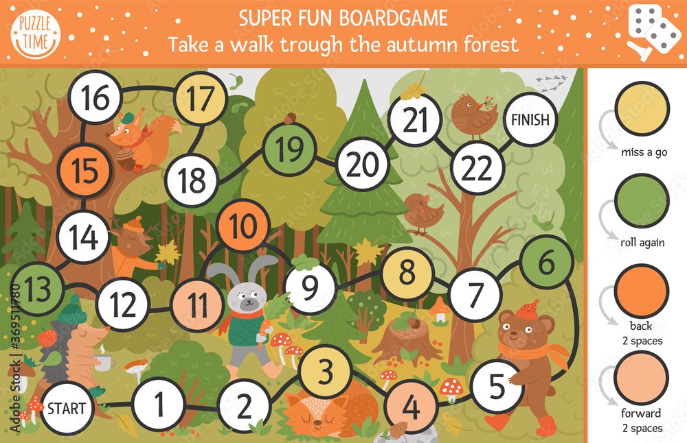 Autumn board game for children with cute woodland animals. Educational ...