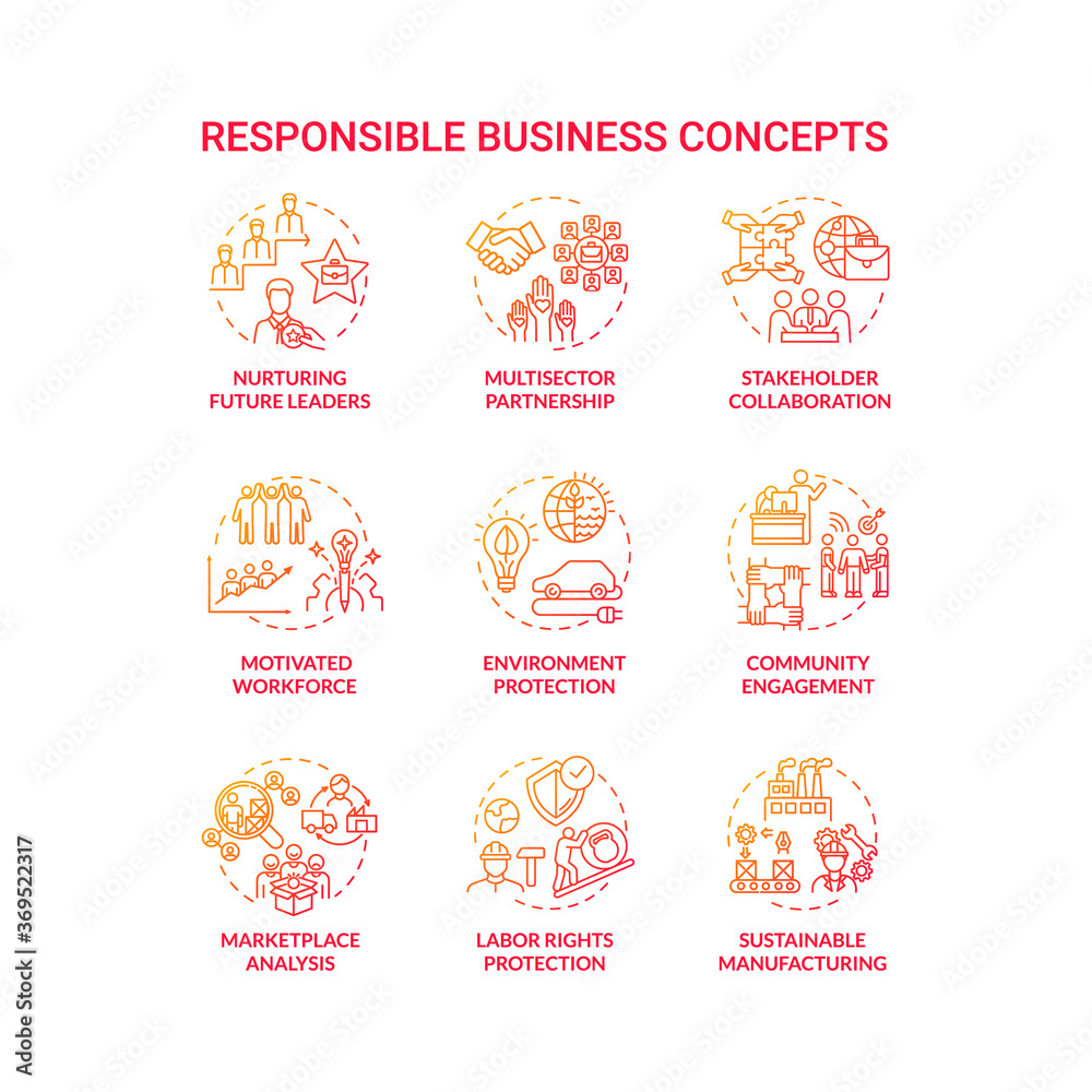 Responsible business red gradient concept icons set. Nurture future ...