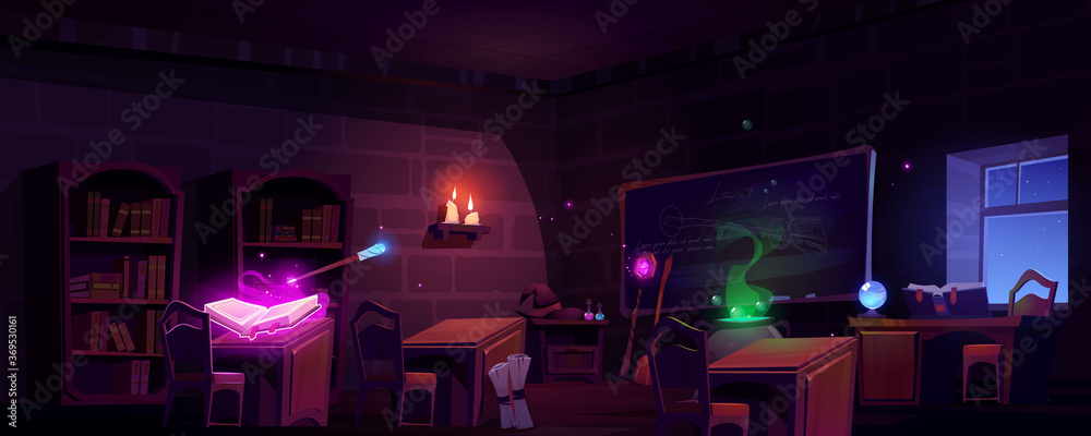 Magic school classroom with open book of spell, chalkboard and ...