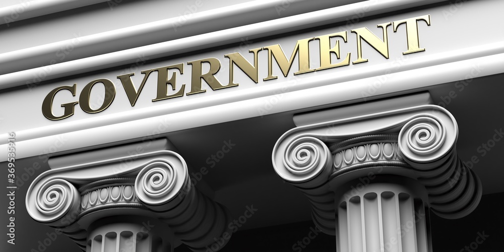 GOVERNMENT building logo concept. White ionic order pillars background ...