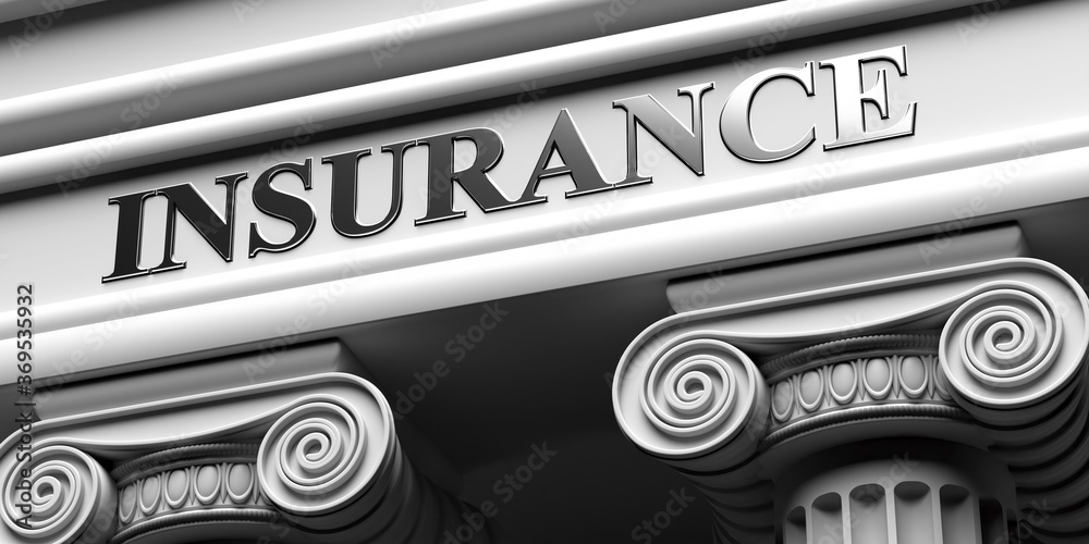 INSURANCE building logo concept. White ionic order pillars background ...