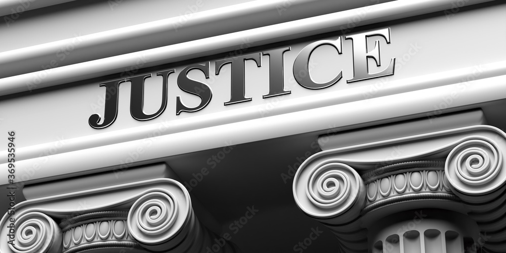JUSTICE building logo concept. White ionic order pillars background. 3d ...