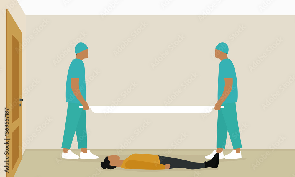 Female character lying on the floor and two orderlies with a stretcher ...