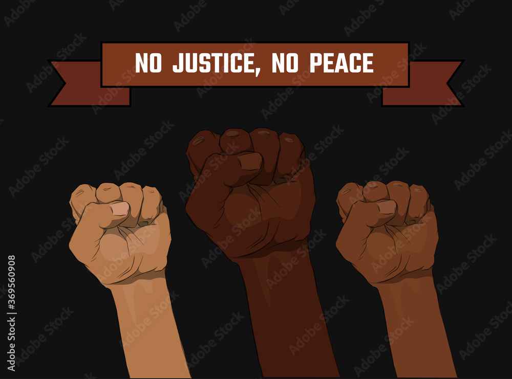 Raised fists of people with different skin colors on a black background ...