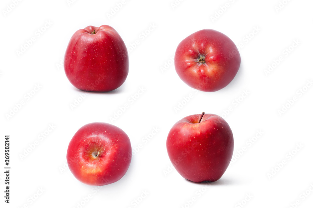 Different angles of rip red apple isolated on white background. Top and ...