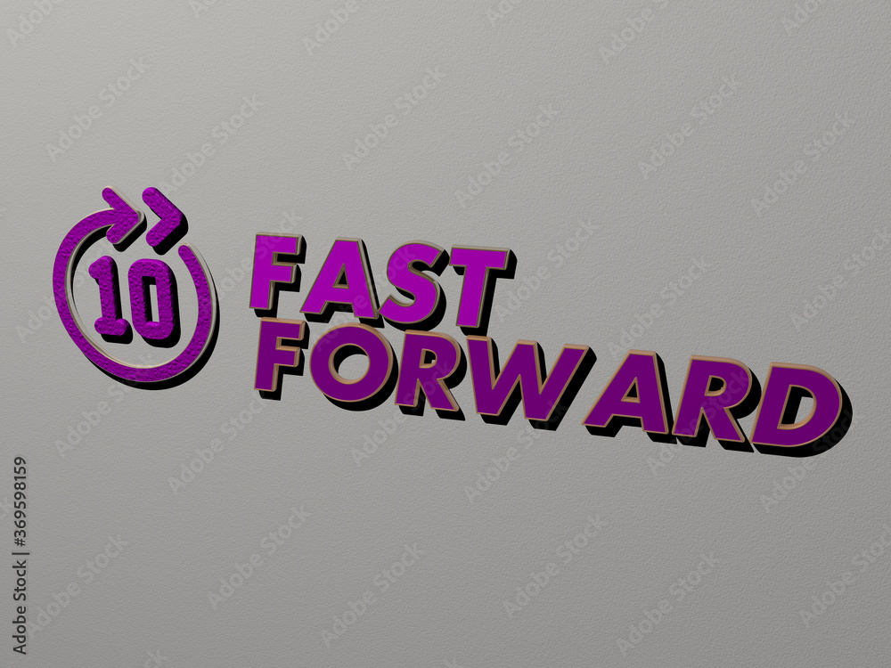 3D illustration of fast forward graphics and text made by metallic dice ...