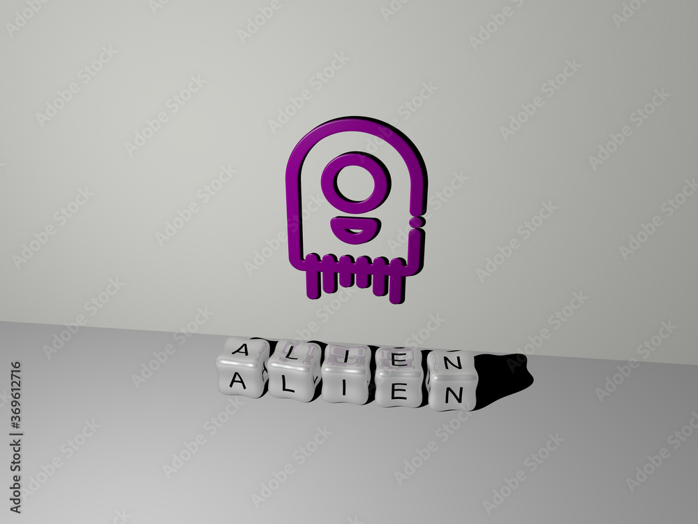 3D illustration of alien graphics and text made by metallic dice ...