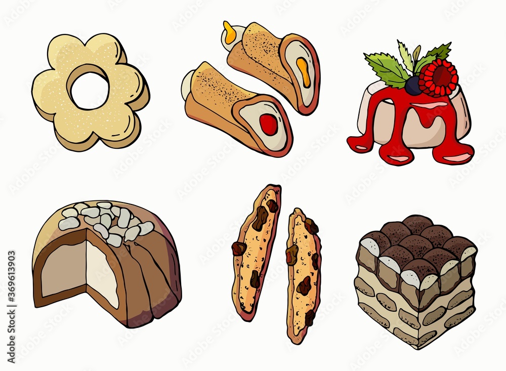 Set of national Italian desserts. Tiramisu, Panna Cotta, Cannoli ...