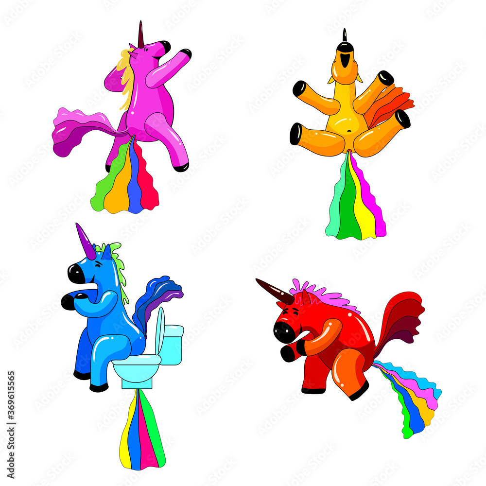 Set Unicorns pooping a rainbow, fantasy cute character beast ...