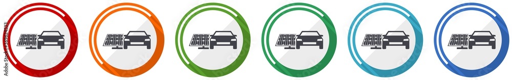 Electric car and solar panel, clean energy, power icon set, flat design ...