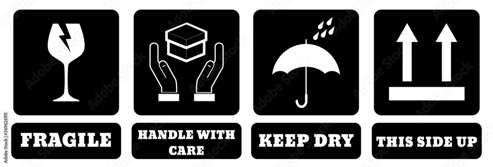 International Packing Symbols with name on black background. (Fragile ...