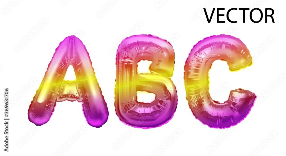 Colorful foil balloon alphabet set of letters A, B, C realistic 3d ...
