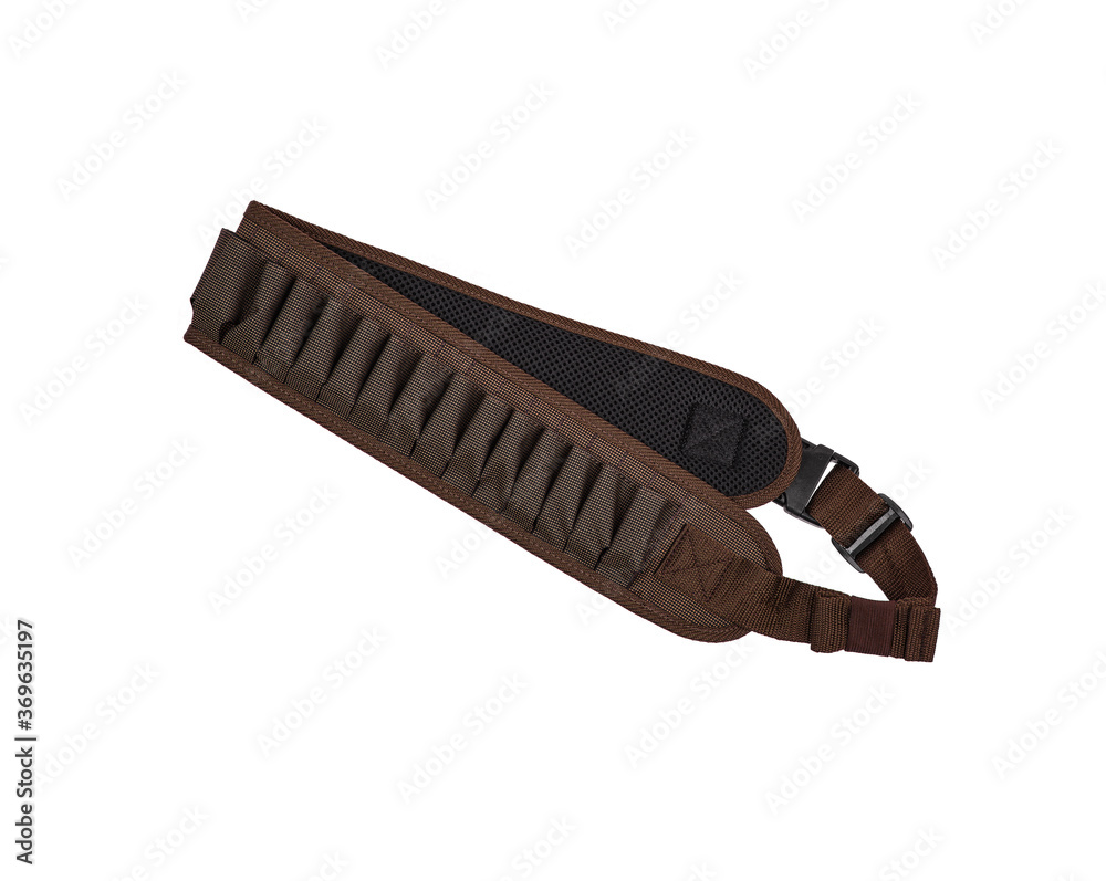 Modern bandolier for cartridges of 12 calibers isolate on a white back ...