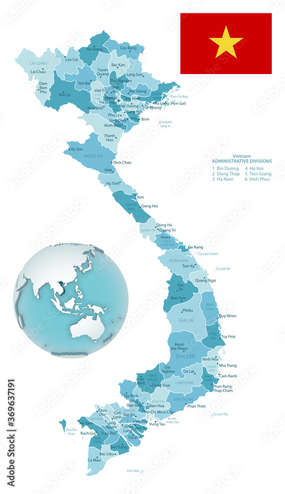 Vietnam administrative blue-green map with country flag and location on ...