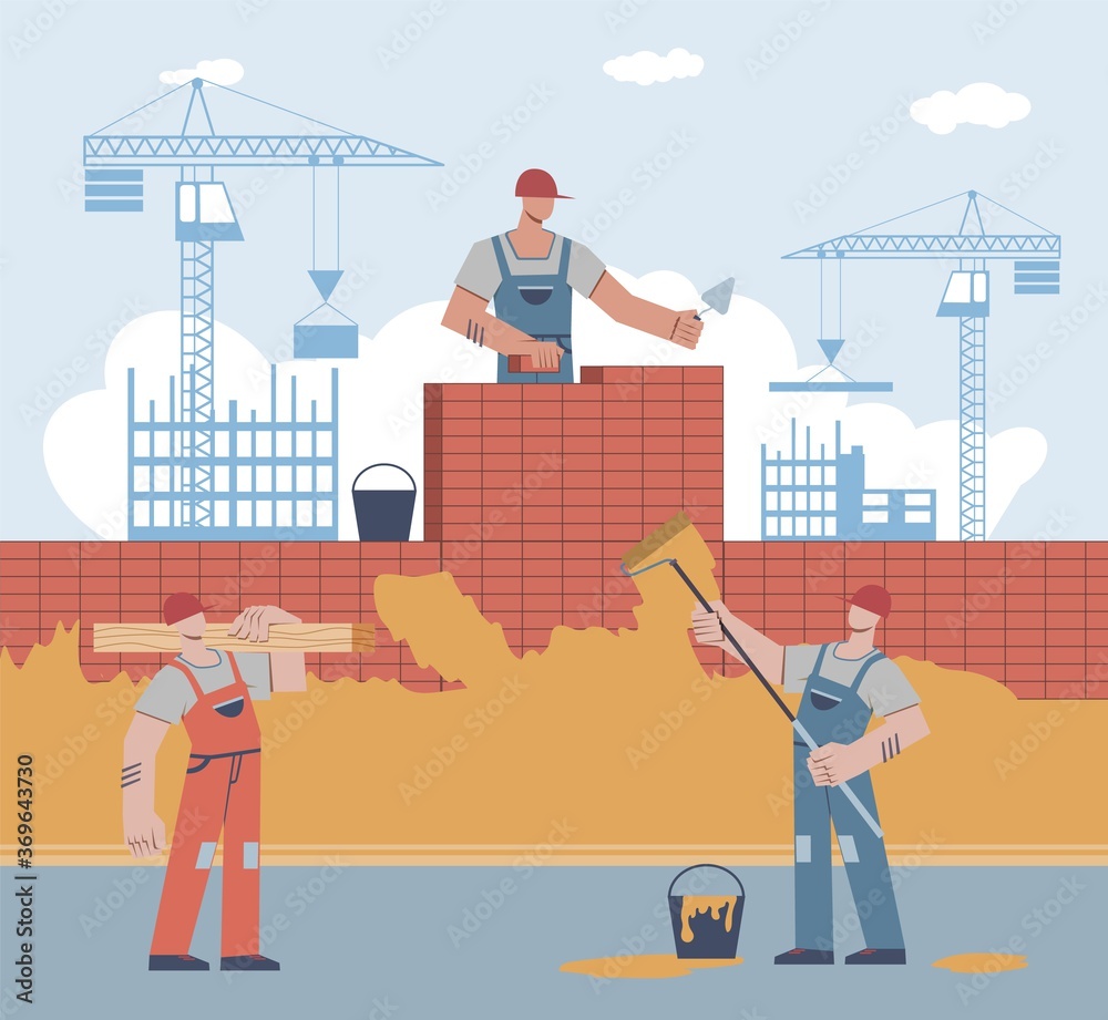 Builders are building house. Worker lays brick, man holds roller in ...