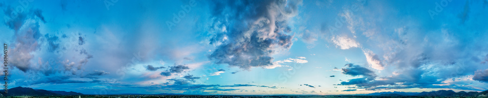 Drone viewpoint of sunset sky in summer season. Panoramic view of dusk ...