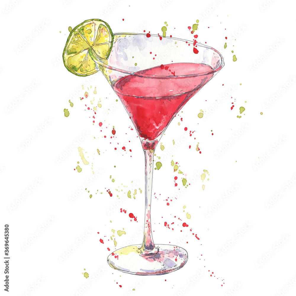 Cocktail Cosmopolitan hand drawn in watercolor sketch style. Popular ...