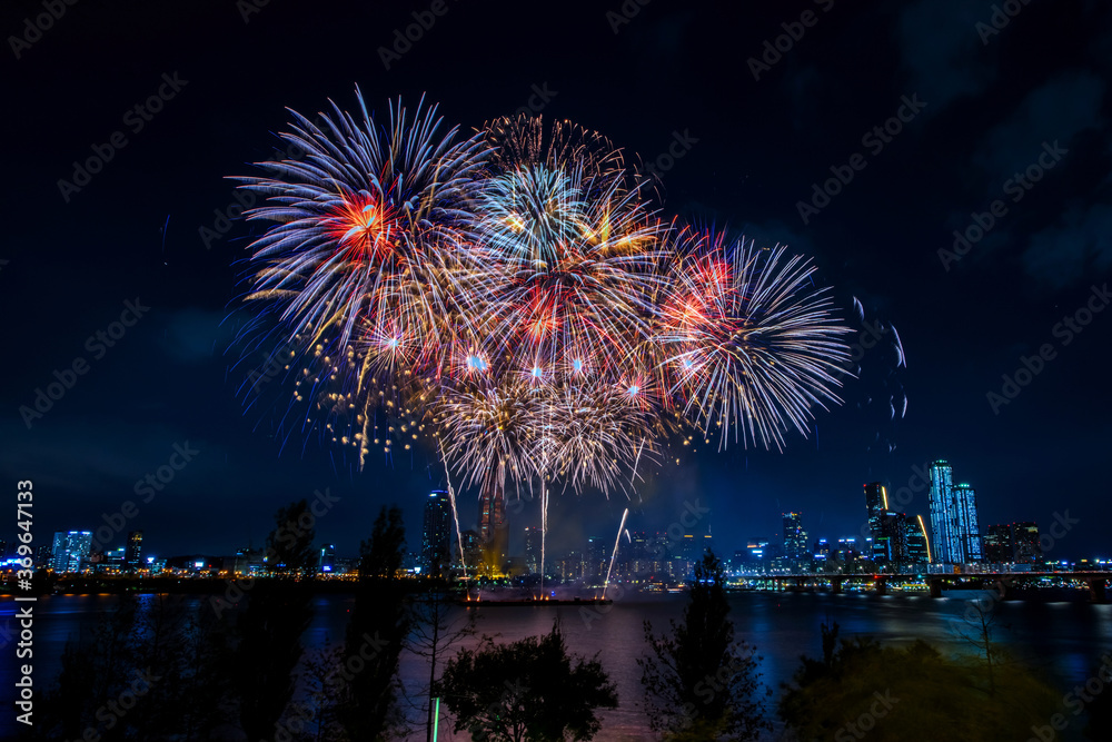Beautiful Fire works show and reflection on the river, Stock Photo ...