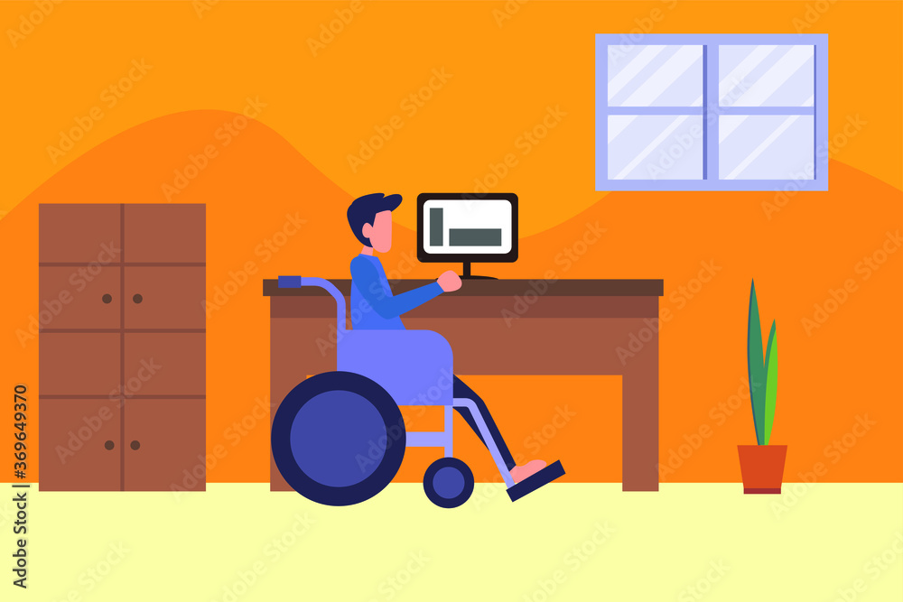 Disability worker vector concept: businessman on wheelchair working on ...