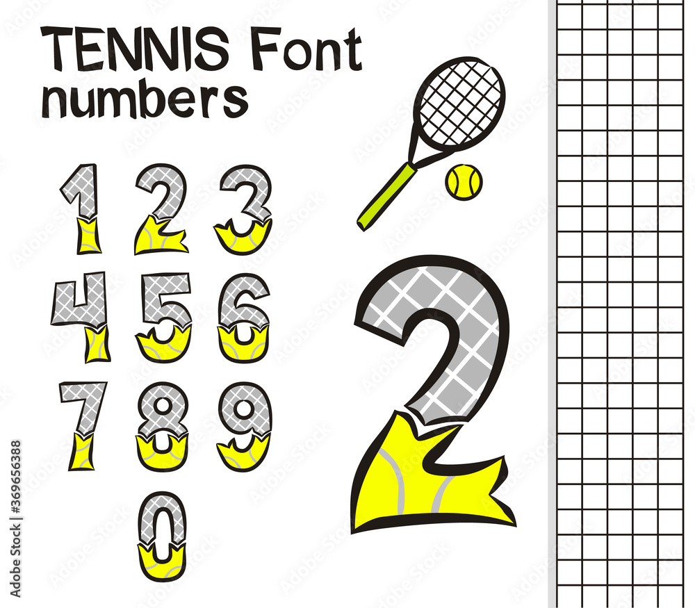 Set of tennis numbers. Hand drawn figures stylized under tennis rackets ...