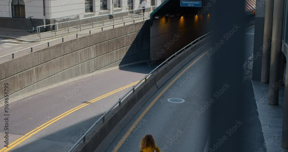 Top view on big city road, highway or underground tunnel, bike lane on ...