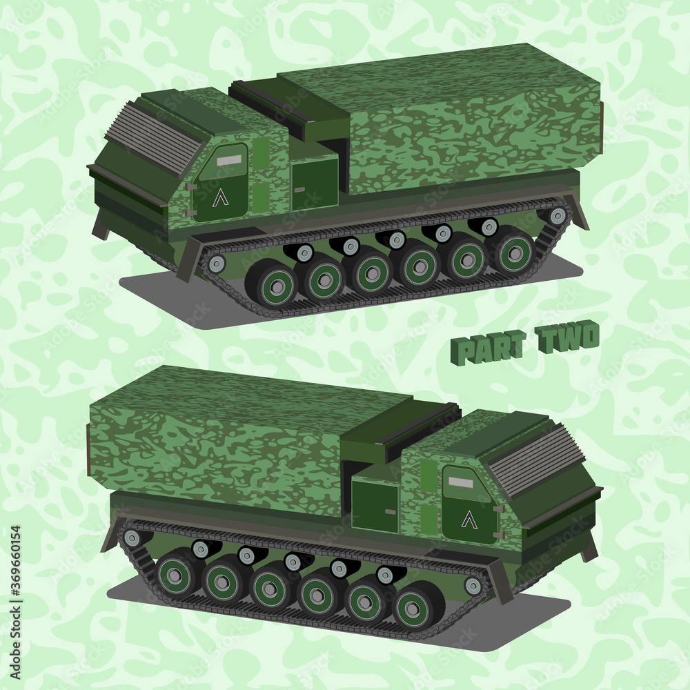 3D isometric military multiple missile system protective green in two ...
