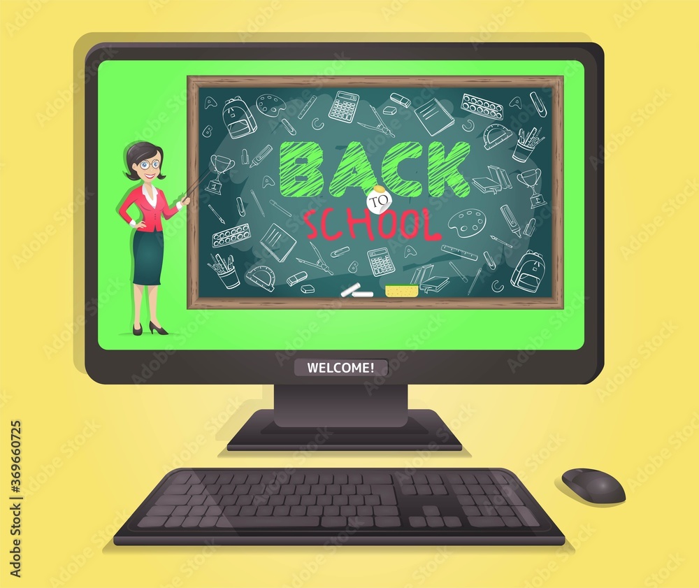Online school vector illustration. Flat cartoon design. Teacher with a ...