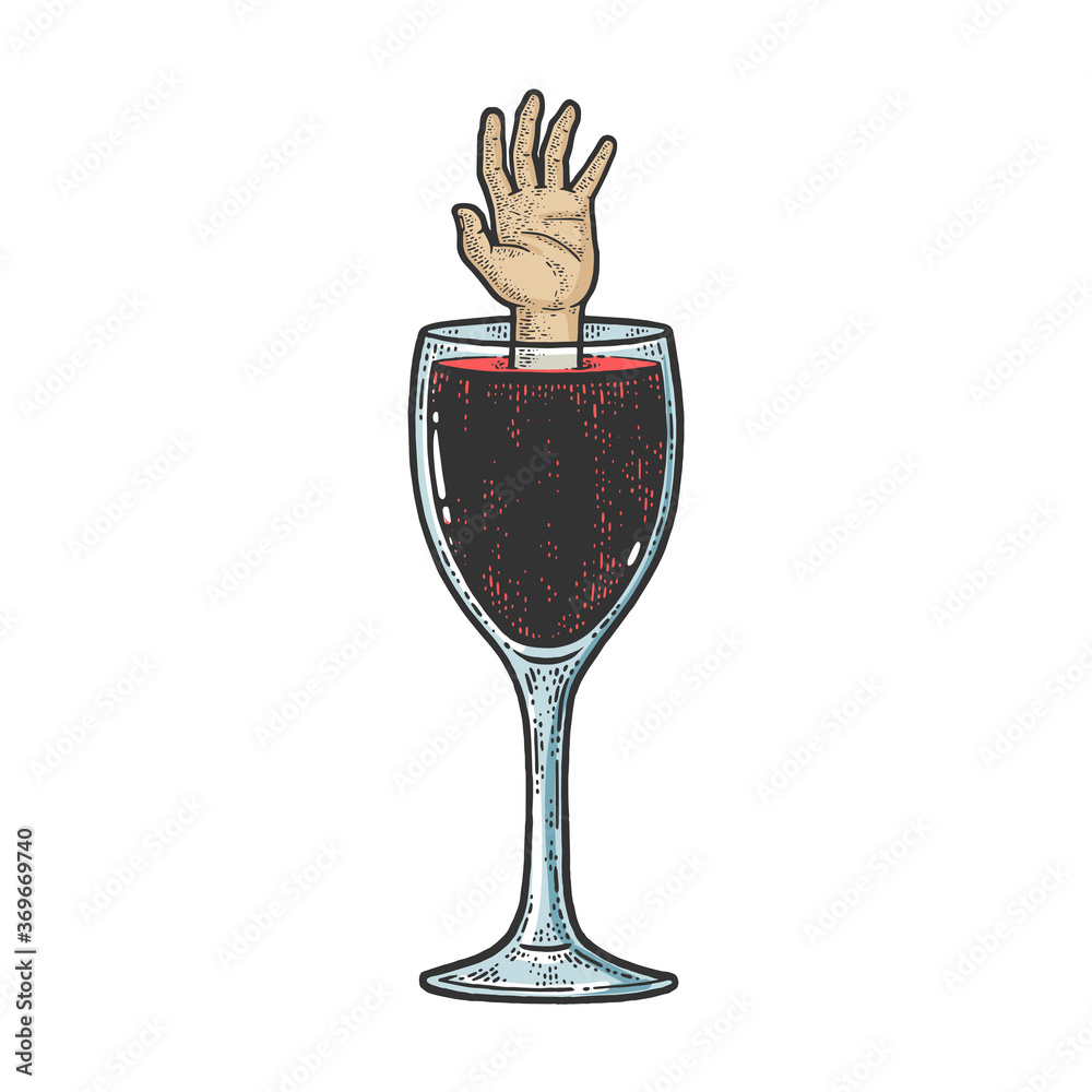 man drowning in a glass of wine color sketch engraving vector ...